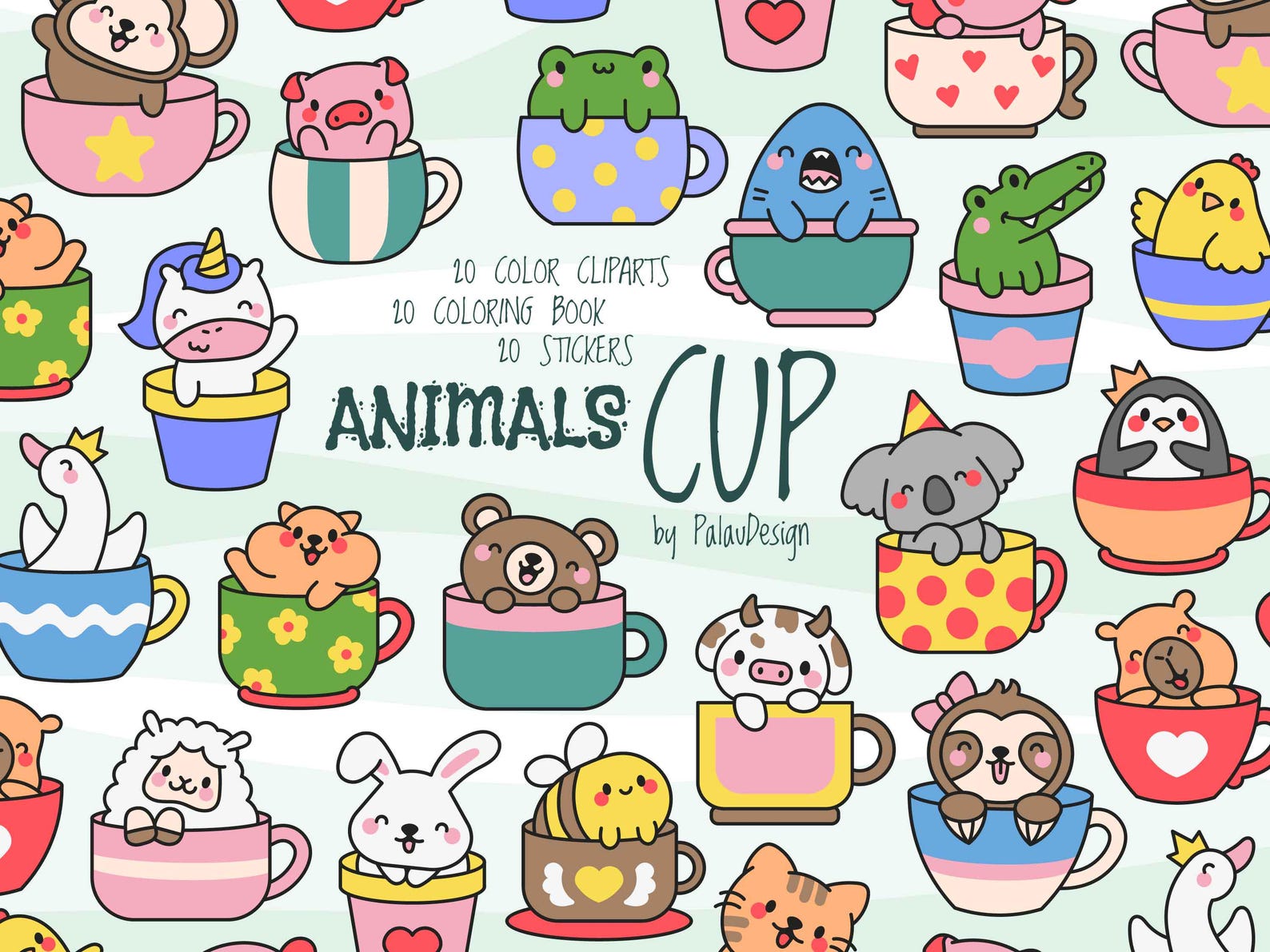 Cute Kawaii Cartoon Animals in Cups Clipart Coloring Pages and Stickers ...