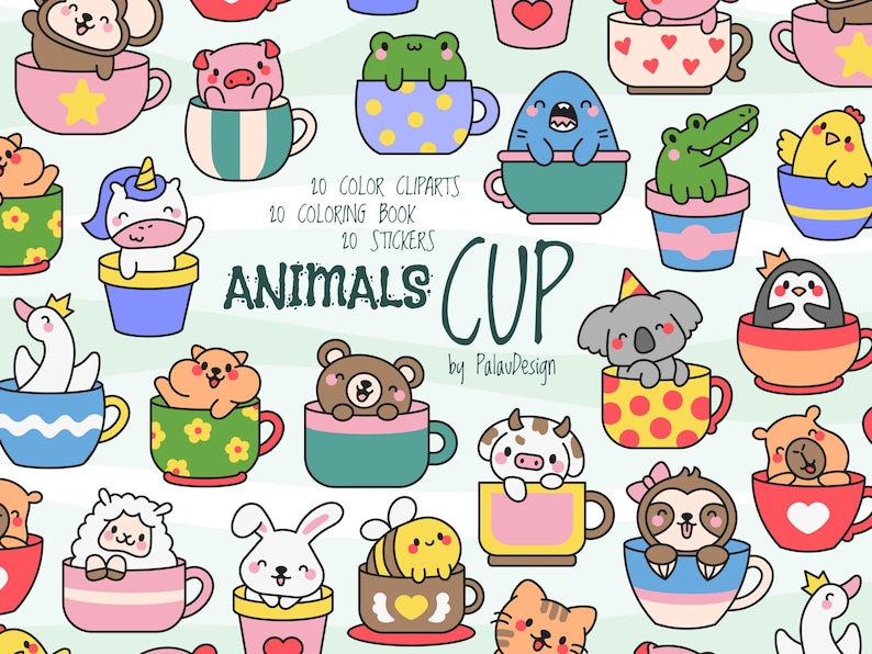 Cute Kawaii Cartoon Animals in Cups Clipart Coloring Pages and Stickers ...