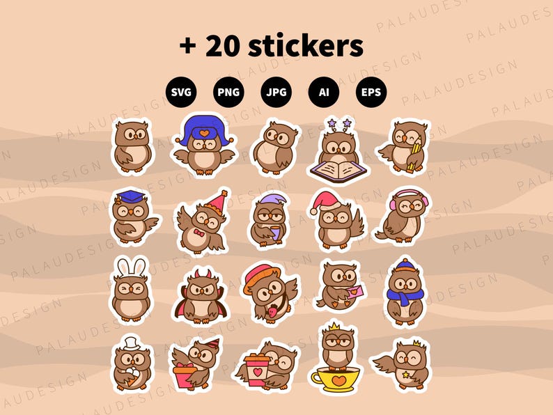 Kawaii Owl Clip Art Set - Digital SVG PNG Doodle Cut Files, Cute Night ...