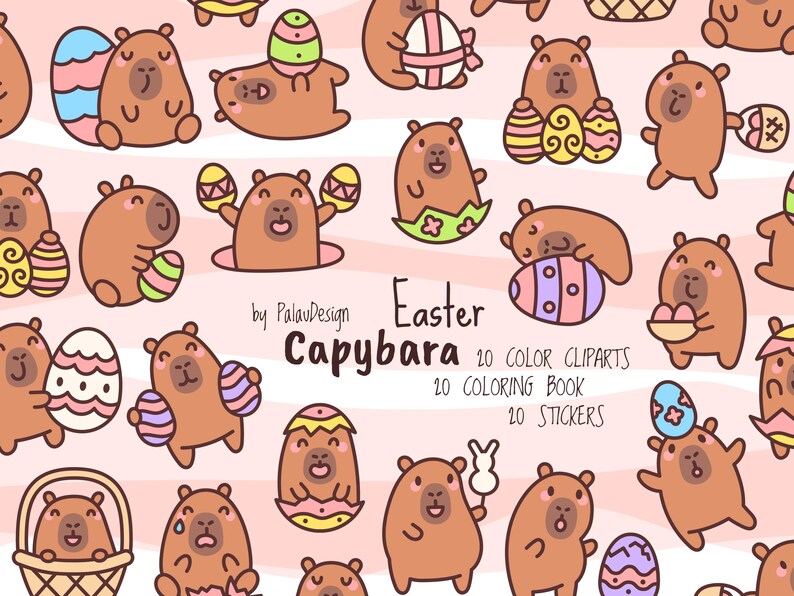 Easter Capybara Clipart, Cute Kawaii Cartoon Animal, Vector Outline ...