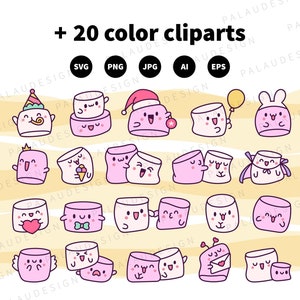Marshmallow Clip Art Bundle: Cute Kawaii Characters, Outline Doodles ...
