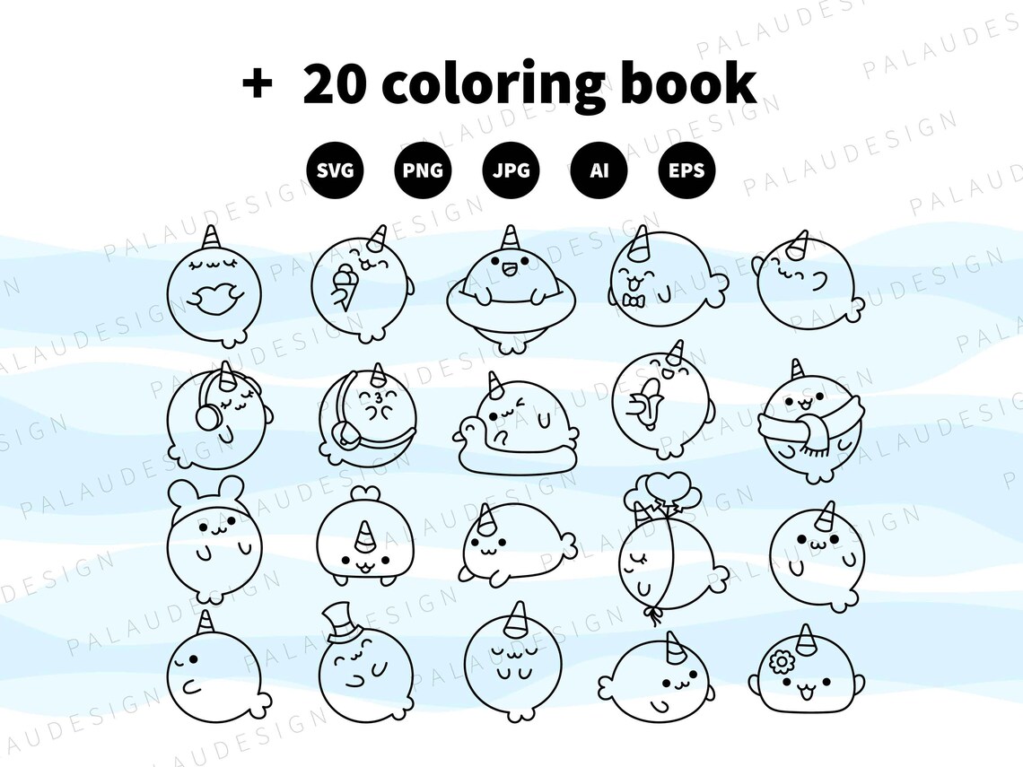 Cute Narwhal Clip Art Bundle: Outline Doodles for Crafting SVG, PNG ...