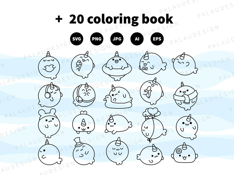 Cute Narwhal Clip Art Bundle: Outline Doodles for Crafting - SVG, PNG ...