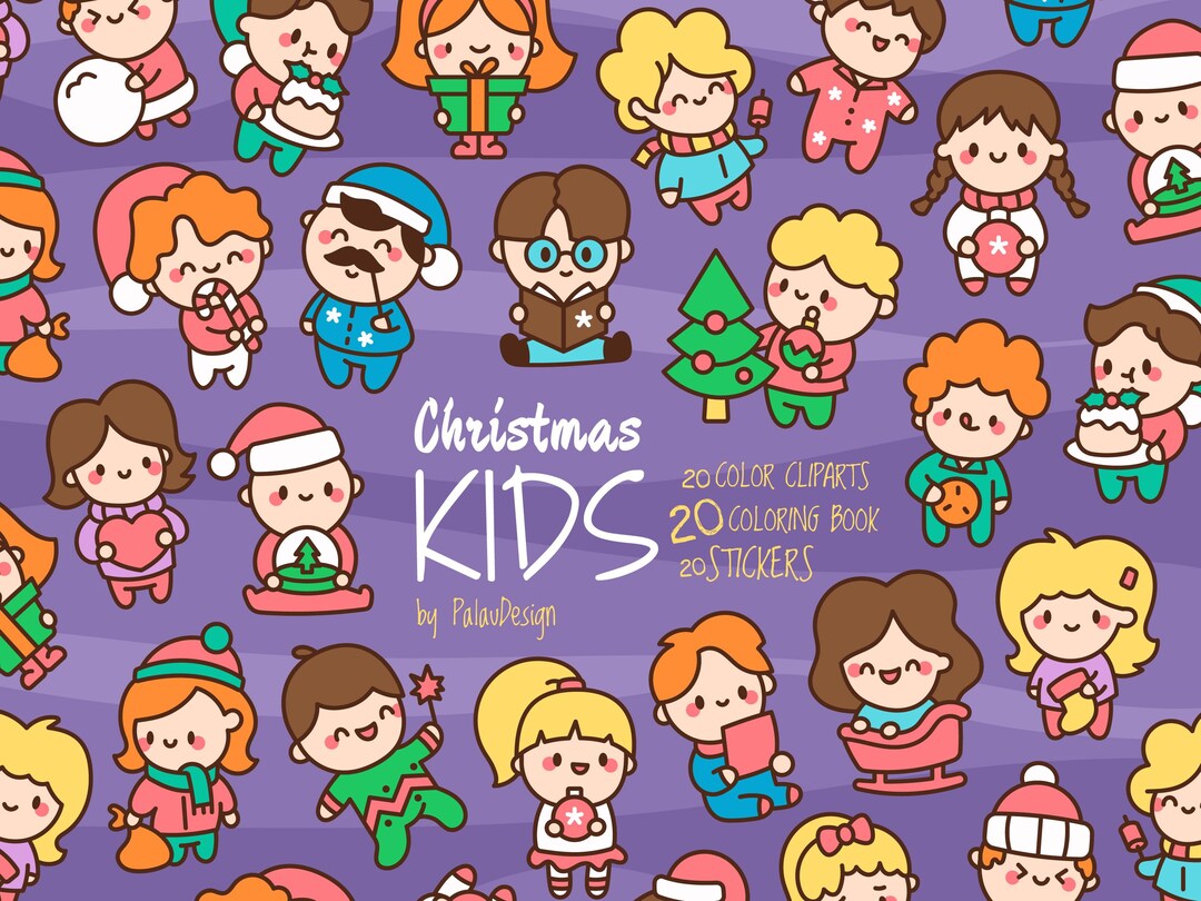 Christmas Kids Clipart Coloring Pages Stickers Festive Kawaii Holiday ...