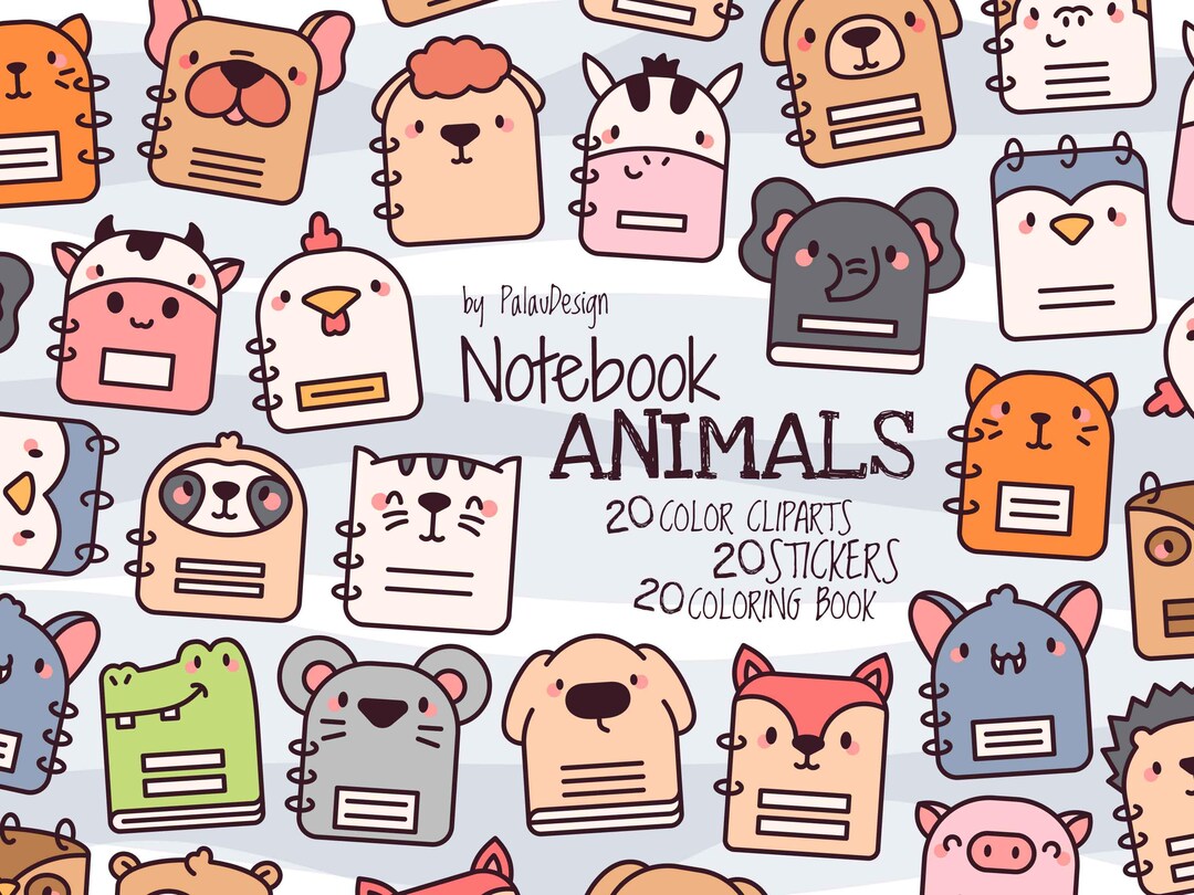 Kawaii Animal Notebook Clipart Bundle: Kids Coloring Pages & Stickers ...