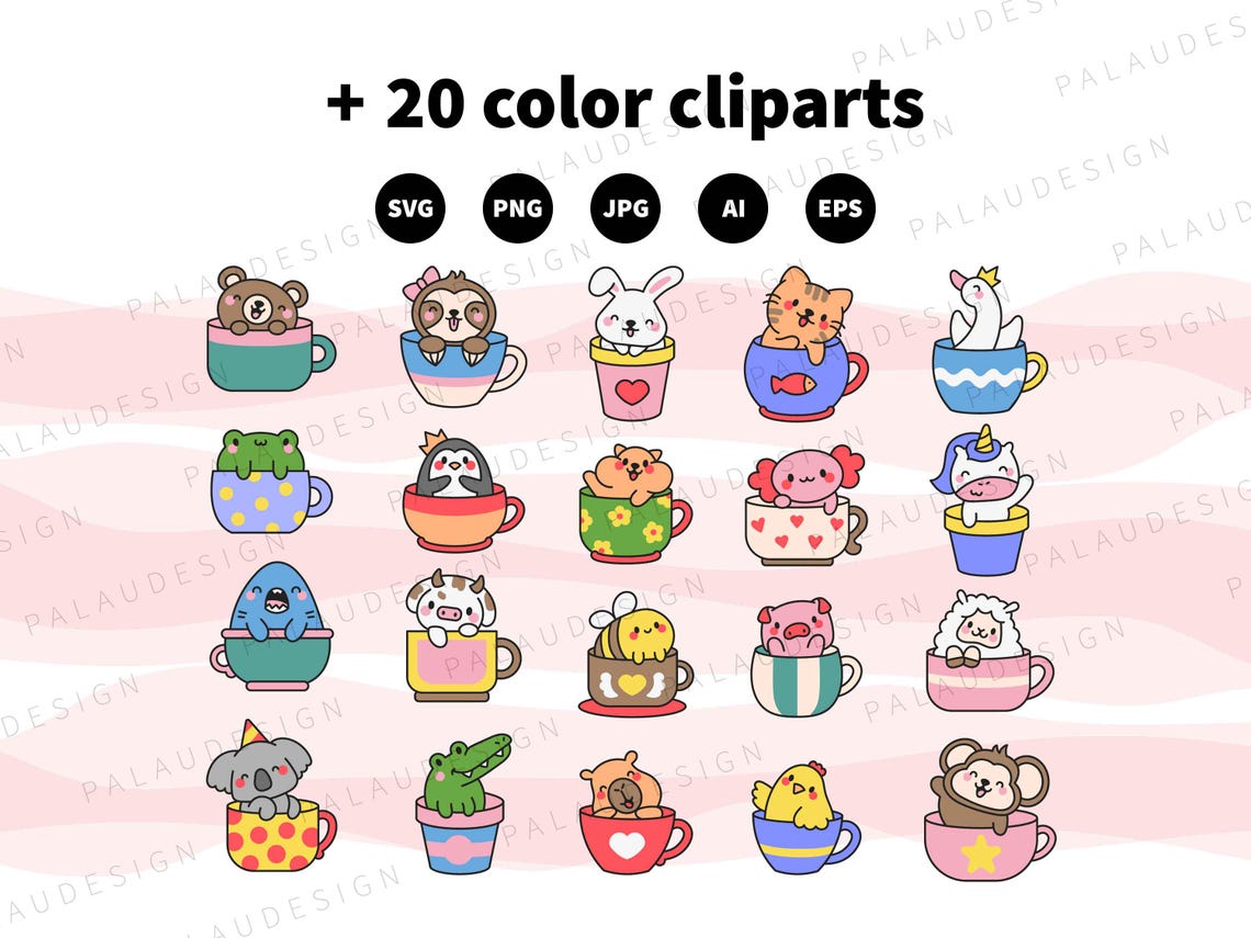 Cute Kawaii Cartoon Animals in Cups Clipart Coloring Pages and Stickers ...