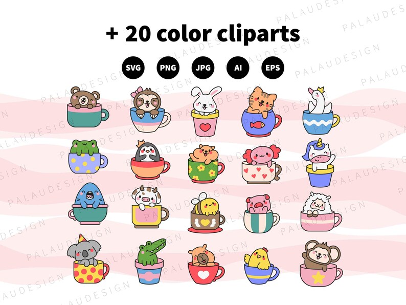Cute Kawaii Cartoon Animals in Cups Clipart Coloring Pages and Stickers ...