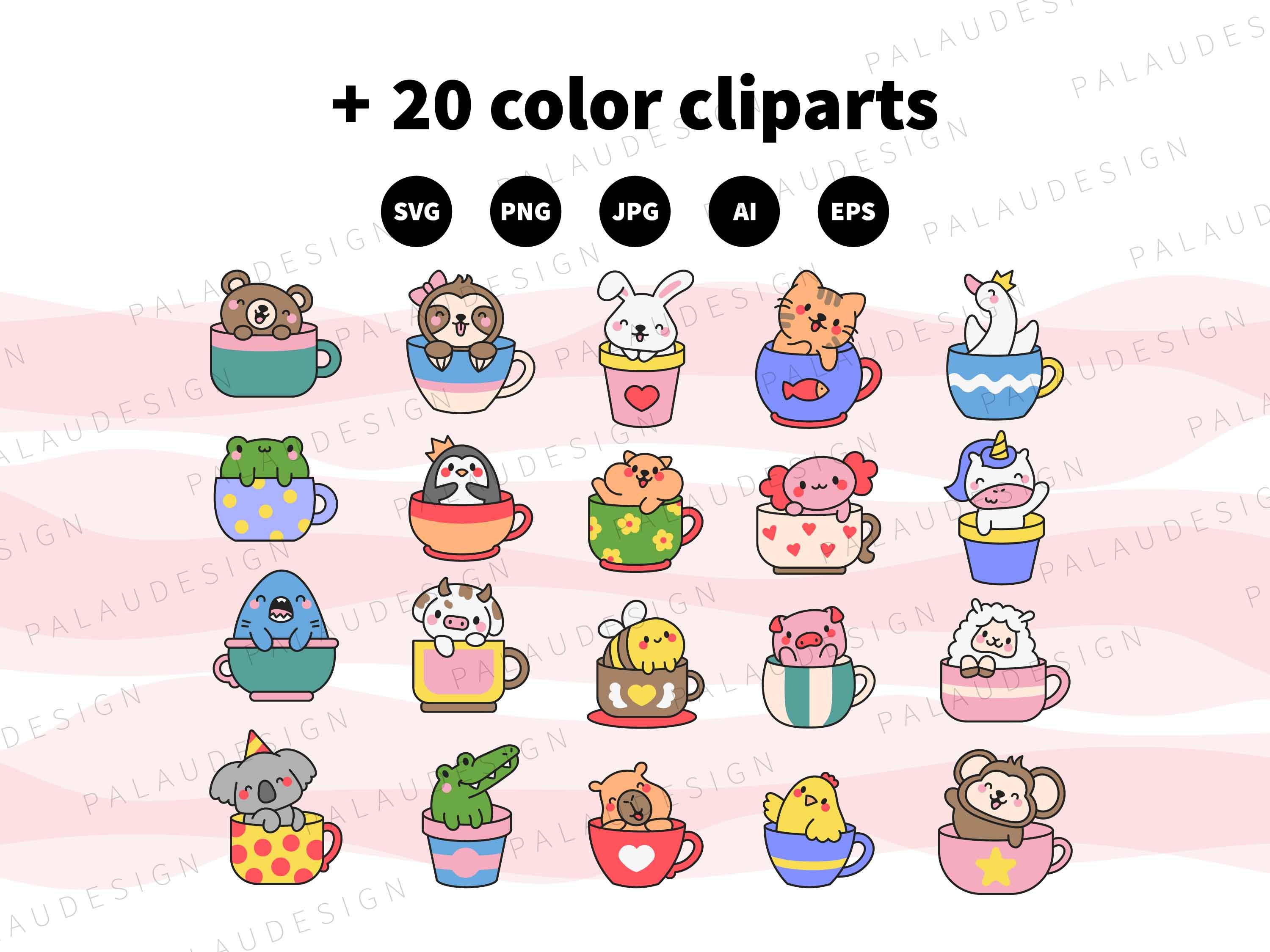 Cute Kawaii Cartoon Animals in Cups Clipart Coloring Pages and Stickers ...