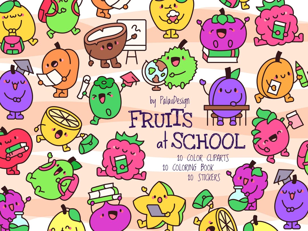 Cute Fruits in School Bookmarks, Kawaii Fruit Characters, Outline ...