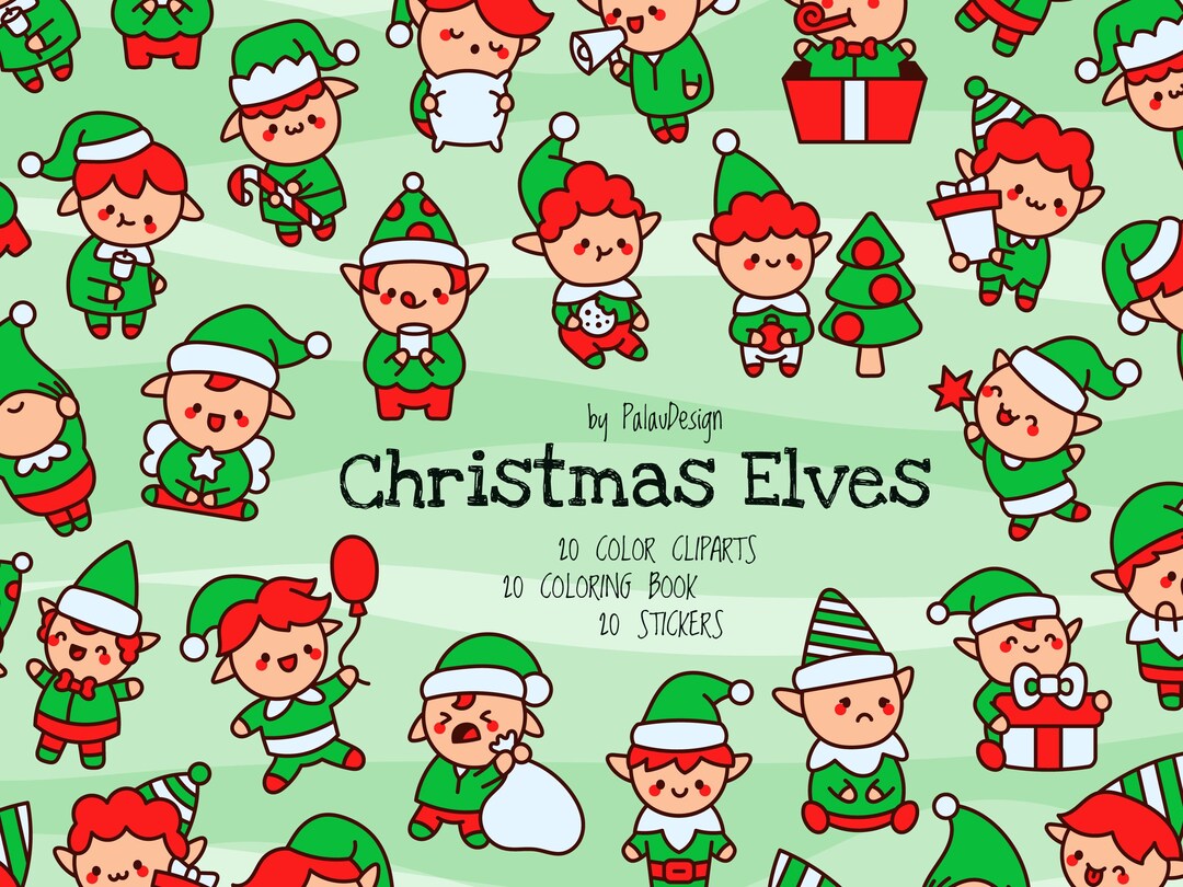 Christmas Elves Cute Kawaii Vector Clipart Bundle Christmas Elf ...