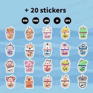 Kawaii Bubble Tea Animal Clipart Bundle: Vector Illustrations, Stickers ...