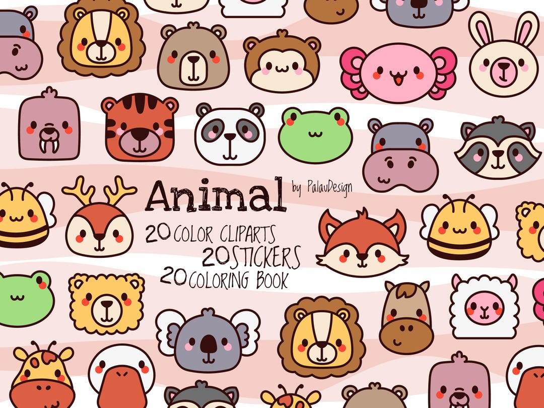 Kawaii Animal Faces Clipart – Cartoon Stickers, Coloring Pages (digital ...
