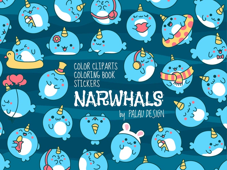 Cute Narwhal Clip Art Bundle: Outline Doodles for Crafting - SVG, PNG ...