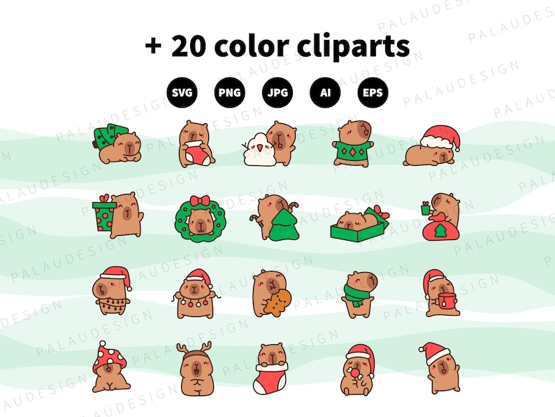 Cute Kawaii Christmas Capybara Clipart Bundle for Stickers Coloring ...