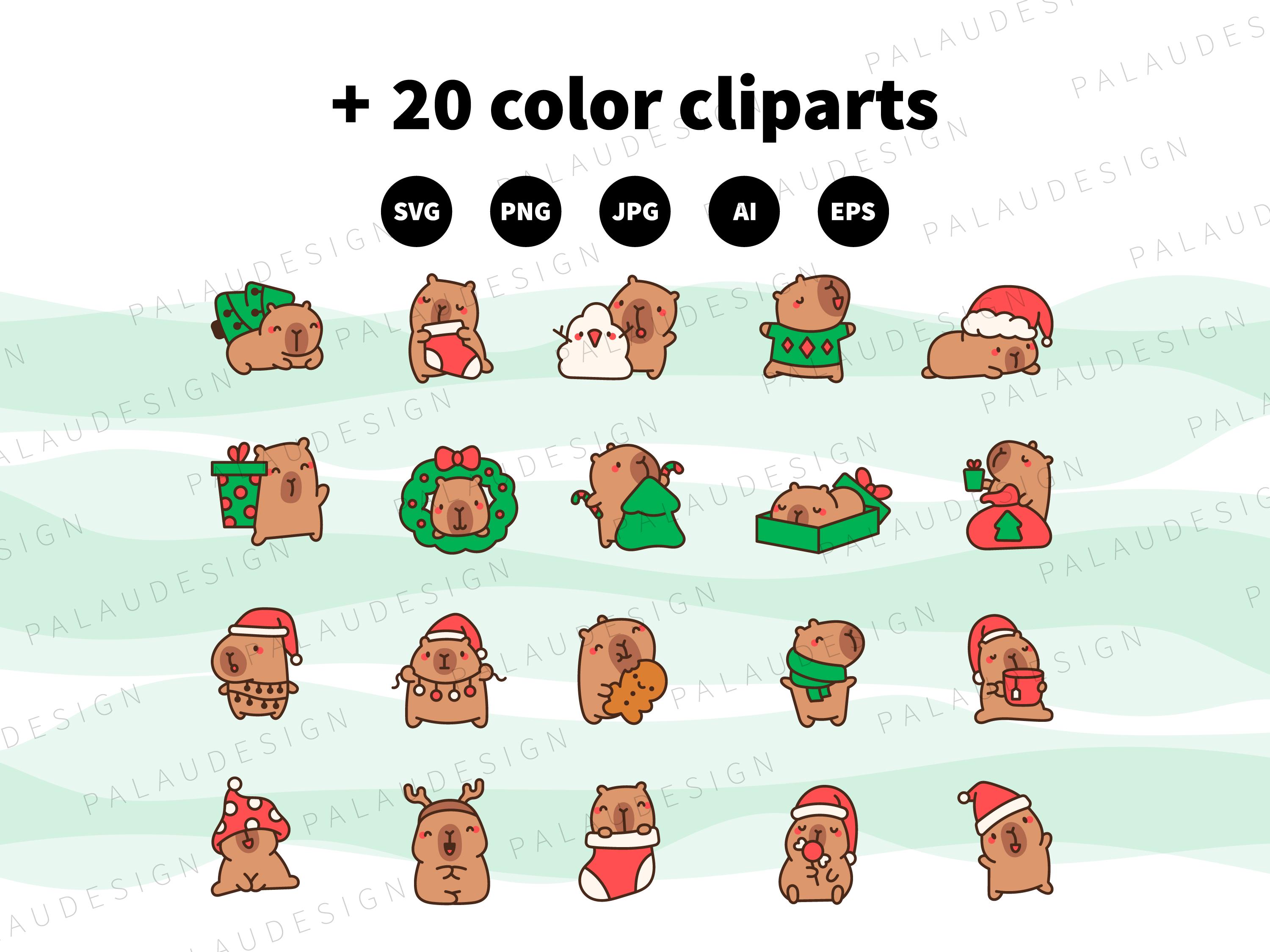 Cute Kawaii Christmas Capybara Clipart Bundle for Stickers Coloring ...