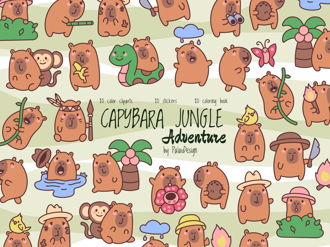 Kawaii Capybara Clipart Bundle: Jungle Animals, Stickers (png, Svg, Eps ...
