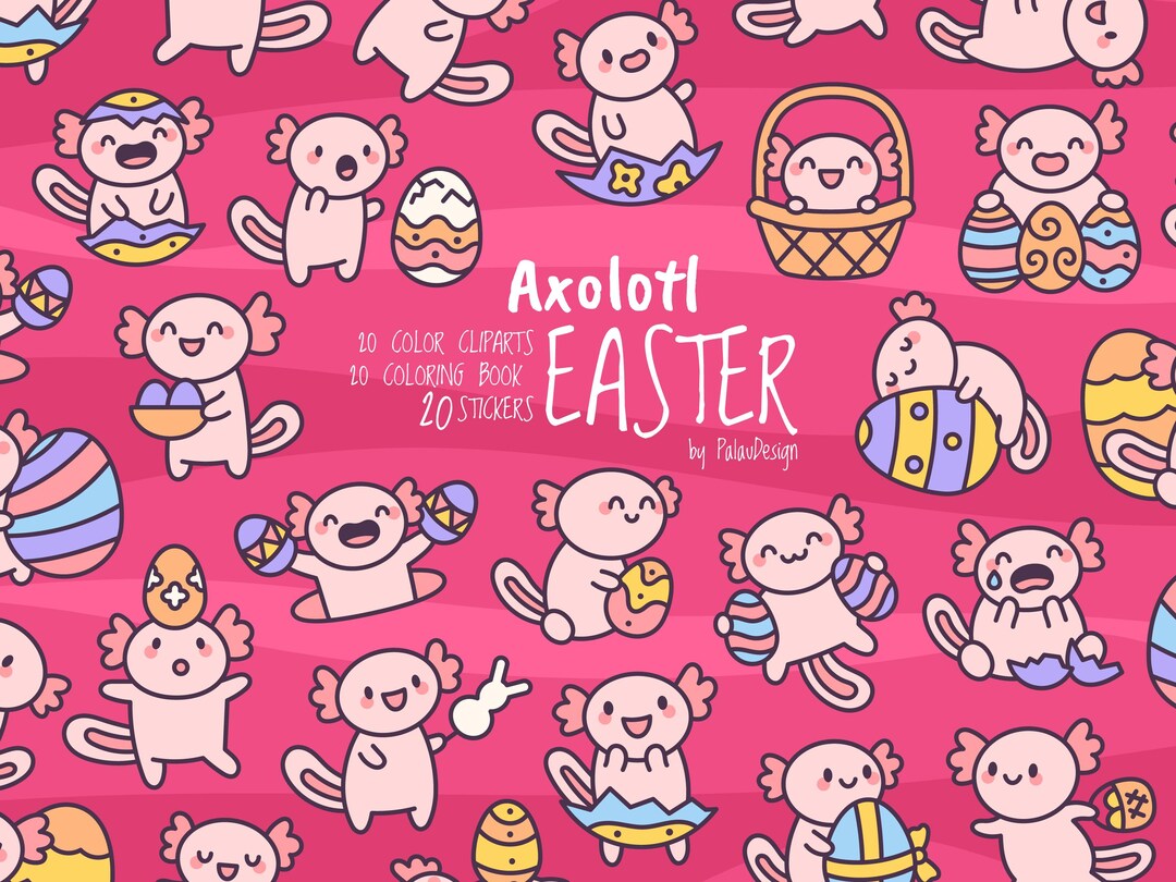 Easter Axolotl Clipart, Cute Kawaii Cartoon Animal, Vector Outline ...