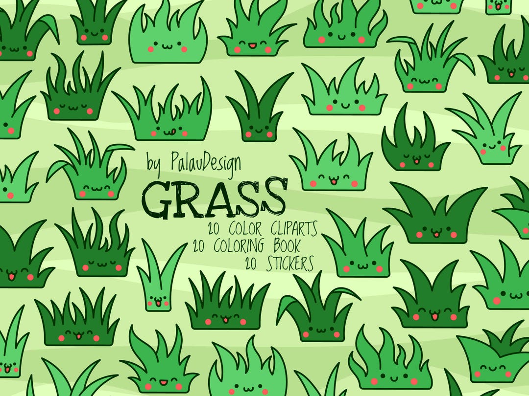 Cute Kawaii Grass Clipart Bundle - Cartoon Lawn Characters, Digital ...