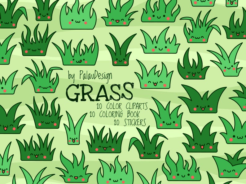 Cute Kawaii Grass Clipart Bundle - Cartoon Lawn Characters, Digital ...