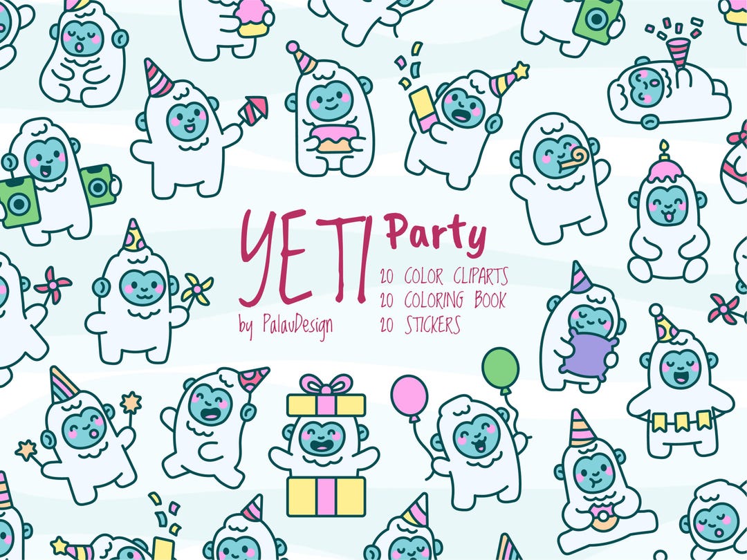 Kawaii Yeti Party Clipart: Outline Characters, Coloring Pages (digital ...