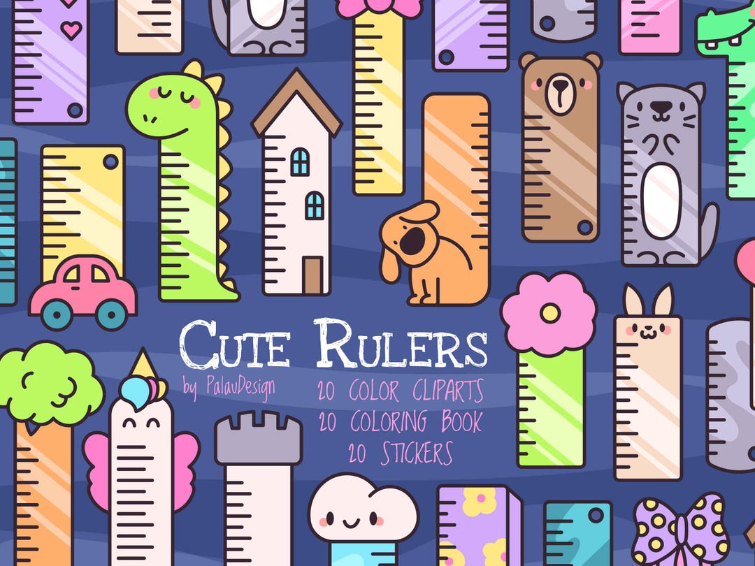 Cute Kawaii Rulers Clipart Set With Adorable Cartoon School Rulers in ...