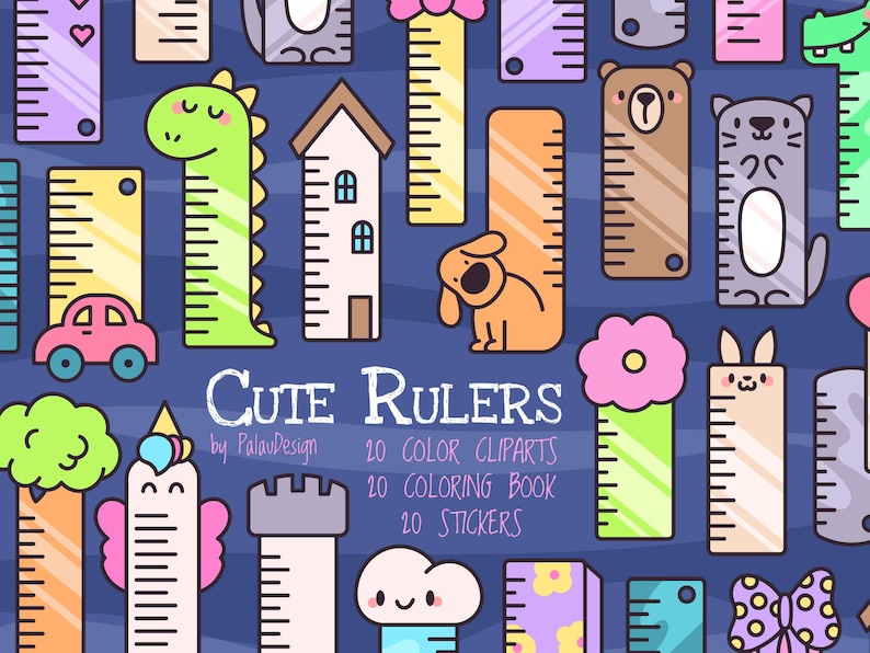 Cute Kawaii Rulers Clipart Set With Adorable Cartoon School Rulers in ...