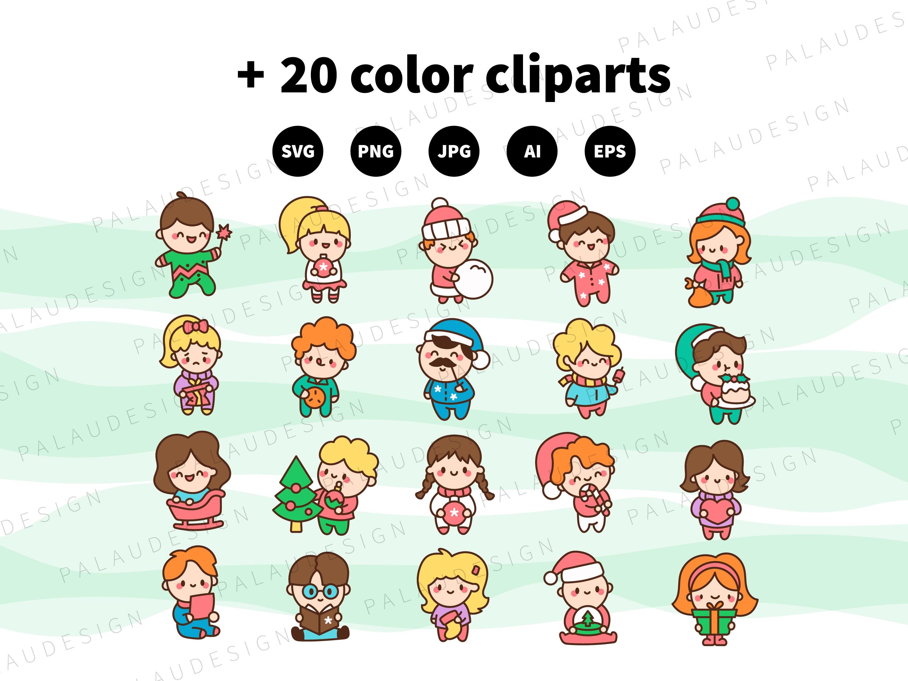 Christmas Kids Clipart Coloring Pages Stickers Festive Kawaii Holiday ...
