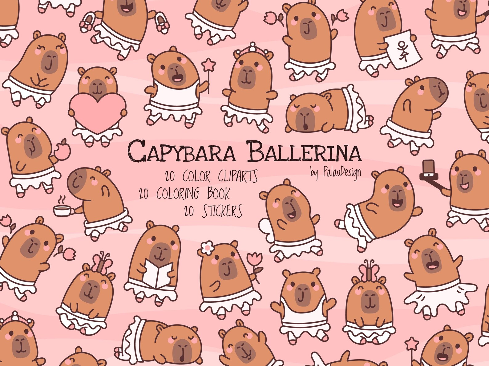 Cute Capybara Ballerina Clipart Set - Kawaii Cartoon Animal Vector ...