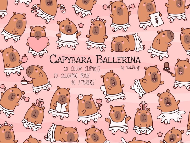 Cute Capybara Ballerina Clipart Set - Kawaii Cartoon Animal Vector ...