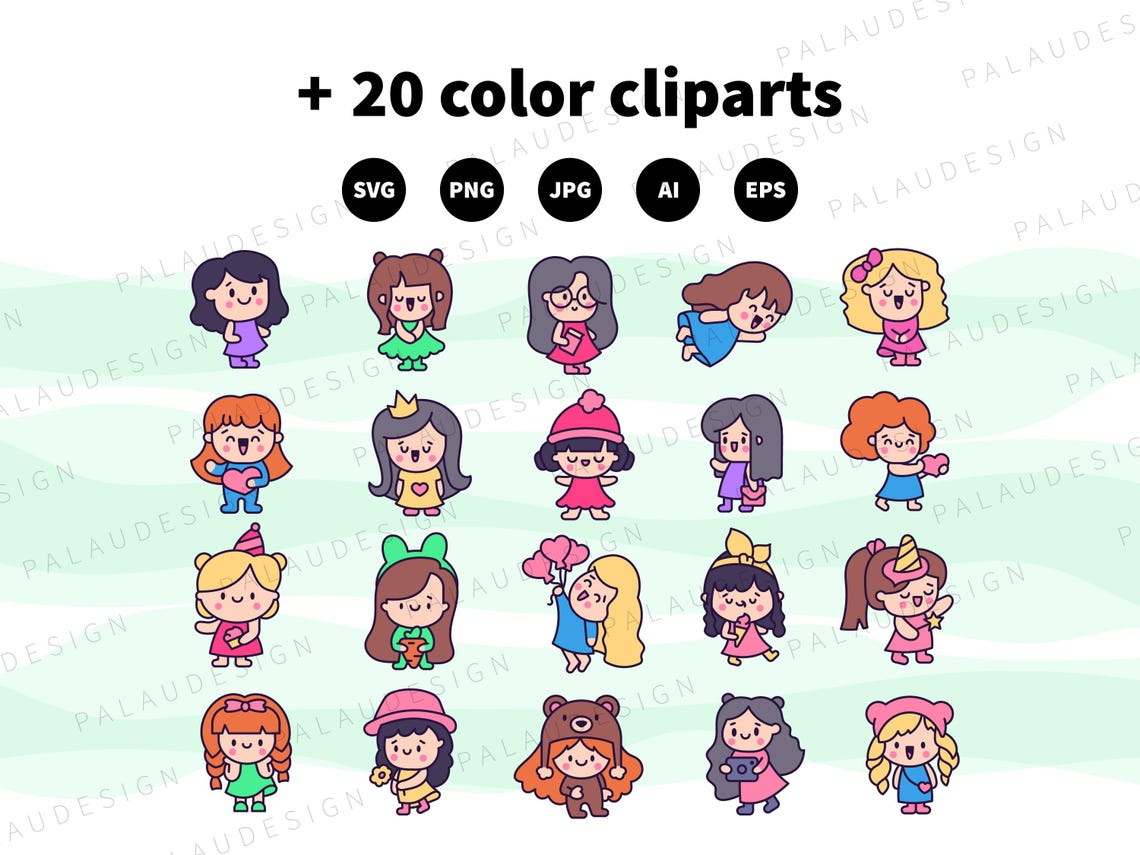 Kawaii Girls Clipart | Digital Stickers & Coloring Pages (SVG, PNG, JPG ...