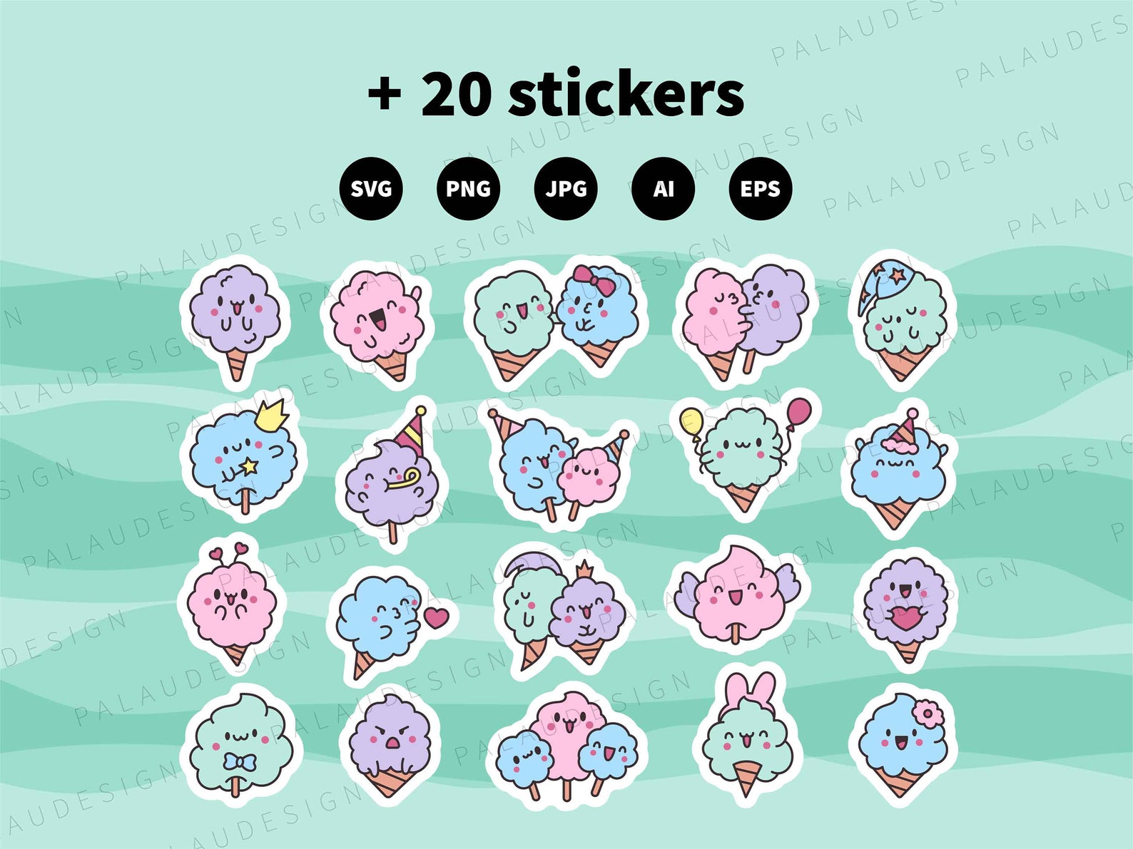 Whimsical Cotton Candy Character Clip Art - Adorable Kawaii Doodles ...