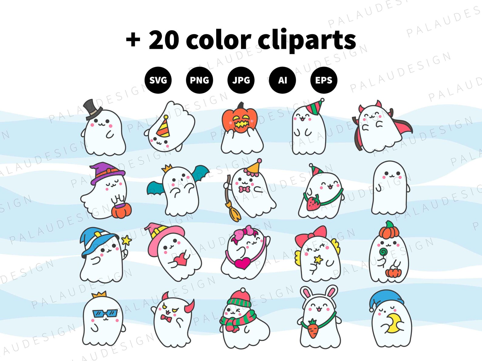 Cute Kawaii Ghosts Clipart Bundle Funny Halloween Ghosts Printable ...