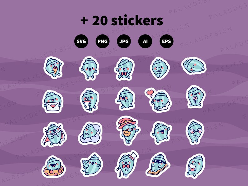 Funny Seashell Clipart Set With Cute Kawaii Ocean Shell Characters in ...