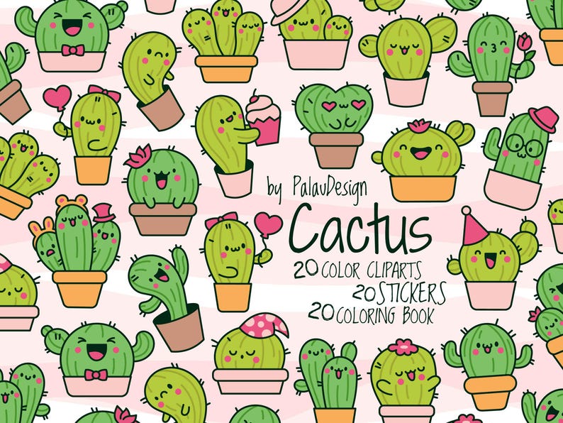 Cute Kawaii Cactus Clipart Bundle - Cartoon Succulent Characters ...
