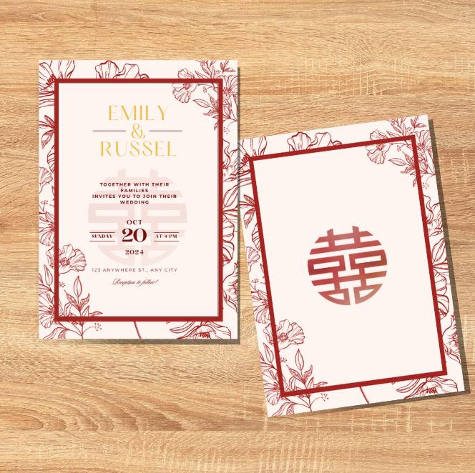 Modern Chinese Oriental Inspired Wedding Invitation off White and Red ...