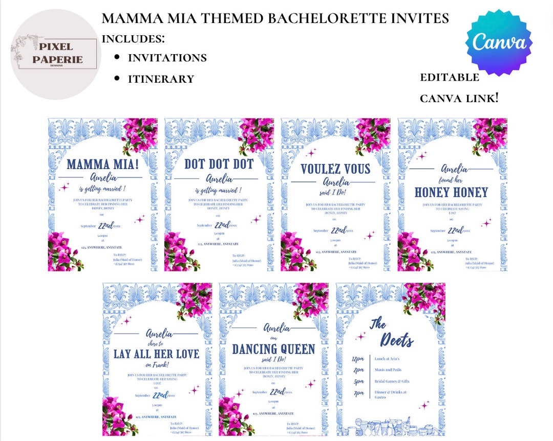Mamma Mia Themed Bachelorette Invitation Program Set Canva Editable ...
