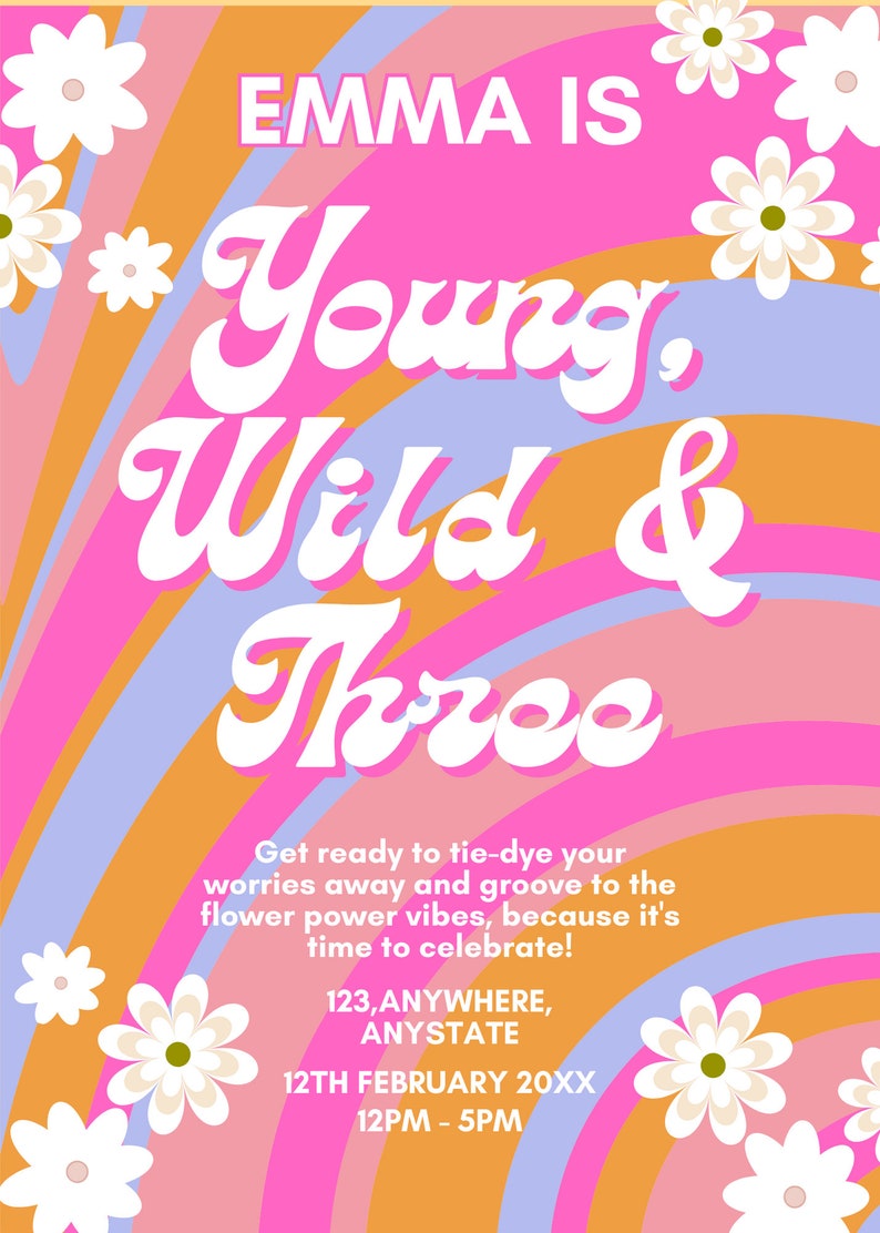 Groovy Hippie Birthday Invitation Template 70s Theme Editable ...