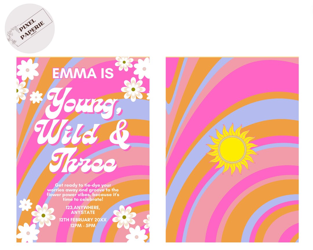 Groovy Hippie Birthday Invitation Template 70s Theme Editable ...