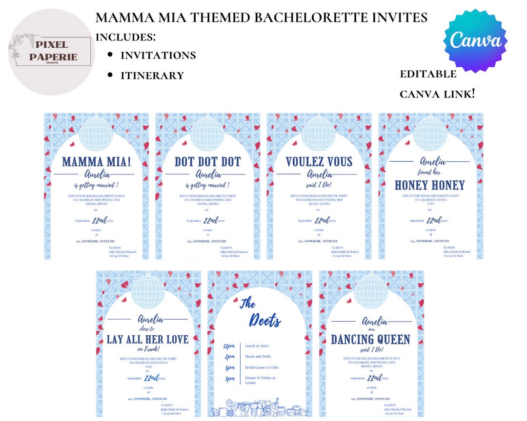 Mamma Mia Themed Bachelorette Party Invitation Set Itinerary ABBA ...