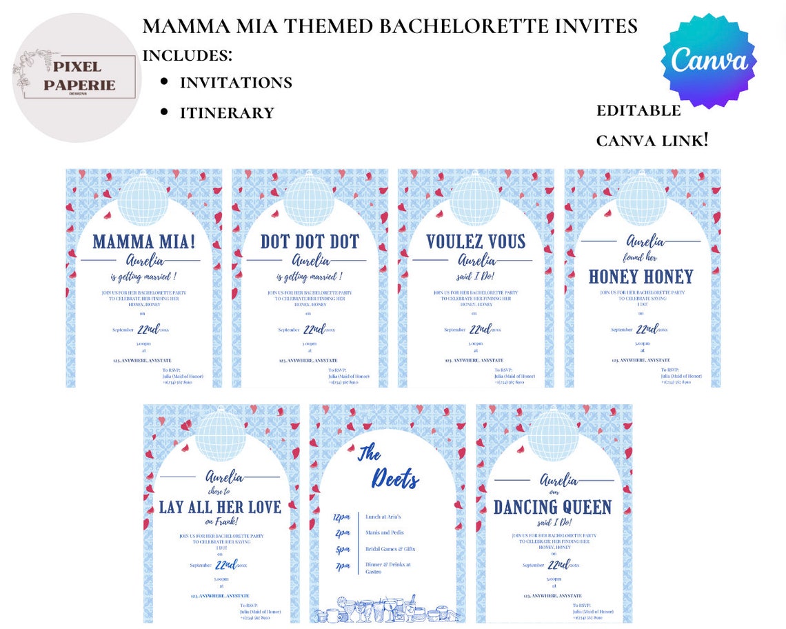 Mamma Mia Themed Bachelorette Party Invitation Set Itinerary ABBA ...