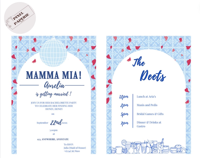 Mamma Mia Themed Bachelorette Party Invitation Set Itinerary ABBA ...