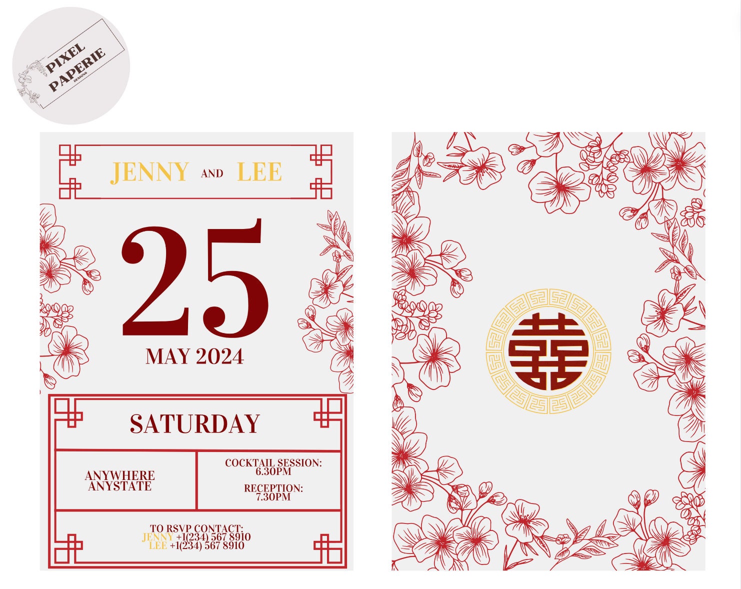 Modern Chinese Calendar Inspired Wedding Invite Digital Editable Canva ...