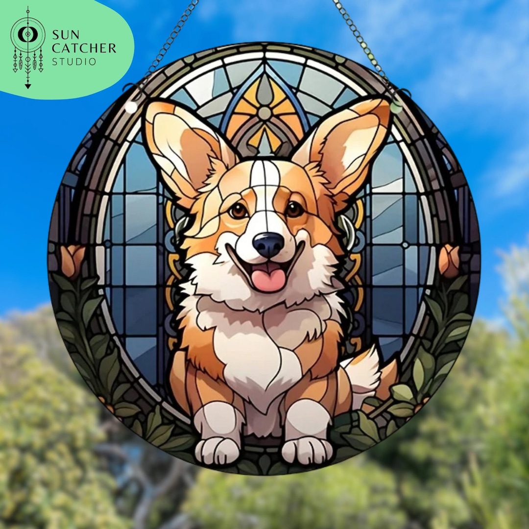 Corgi Artwork Stained Glass Drawing Image Suncatcher, Window Hangings ...