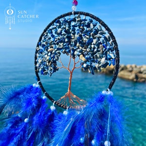 Blue Tree of Life Dream Catcher, Natural Crystal Stone Feather ...