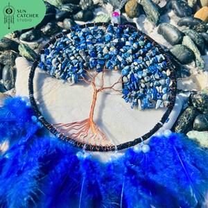 Blue Tree of Life Dream Catcher, Natural Crystal Stone Feather ...