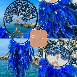 Blue Tree of Life Dream Catcher, Natural Crystal Stone Feather ...