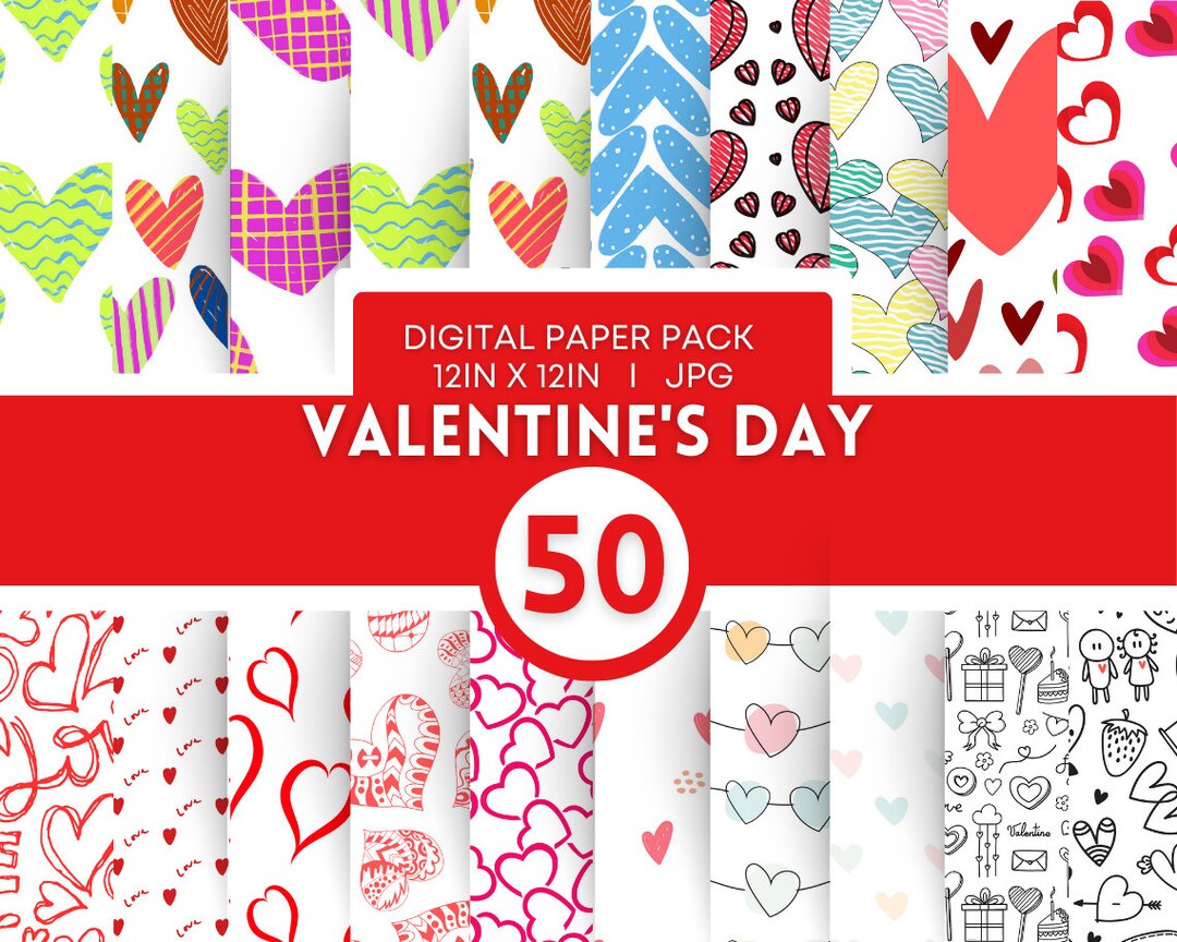 50 Valentines Themed Digital Paper, Seamless Commercial Use Instant ...