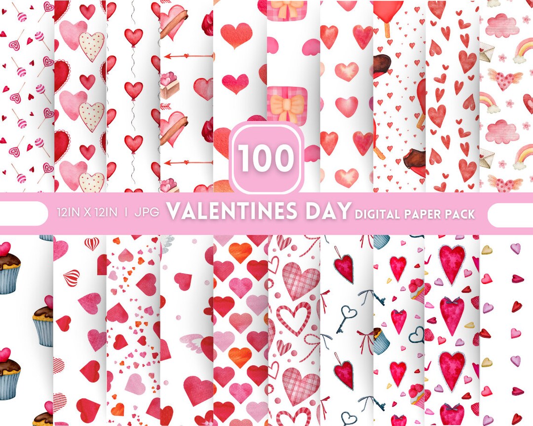 100 Valentines Themed Digital Paper, Seamless Commercial Use Instant ...