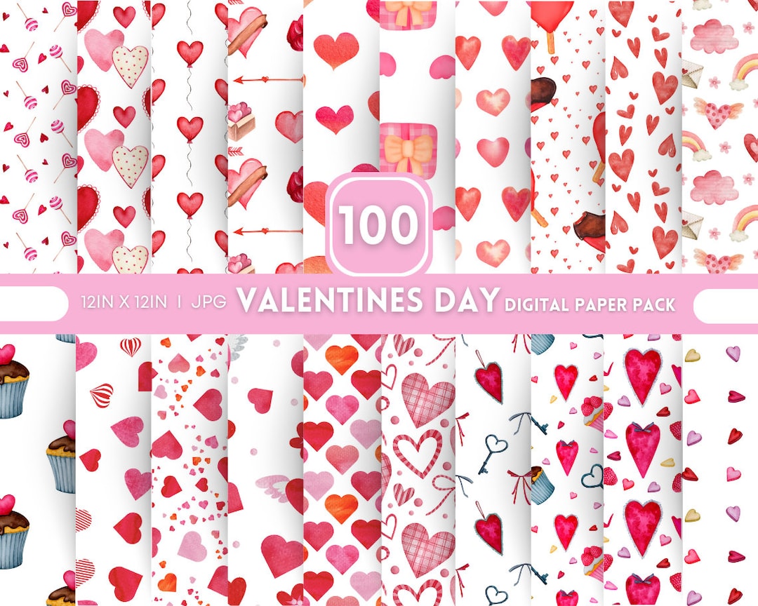 100 Valentines Themed Digital Paper, Seamless Commercial Use Instant ...