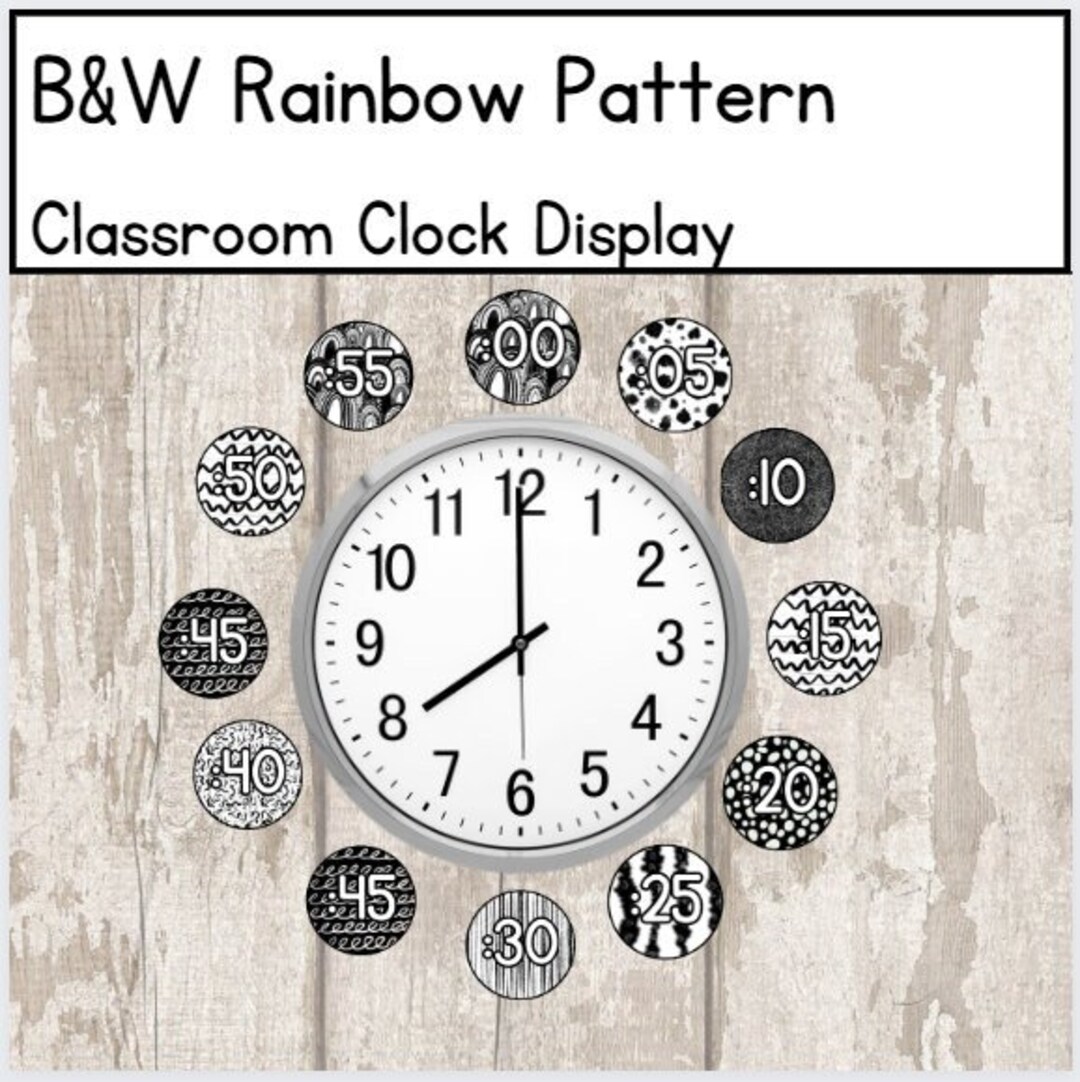 B&W Rainbow Patterns Classroom Clock Display - Etsy